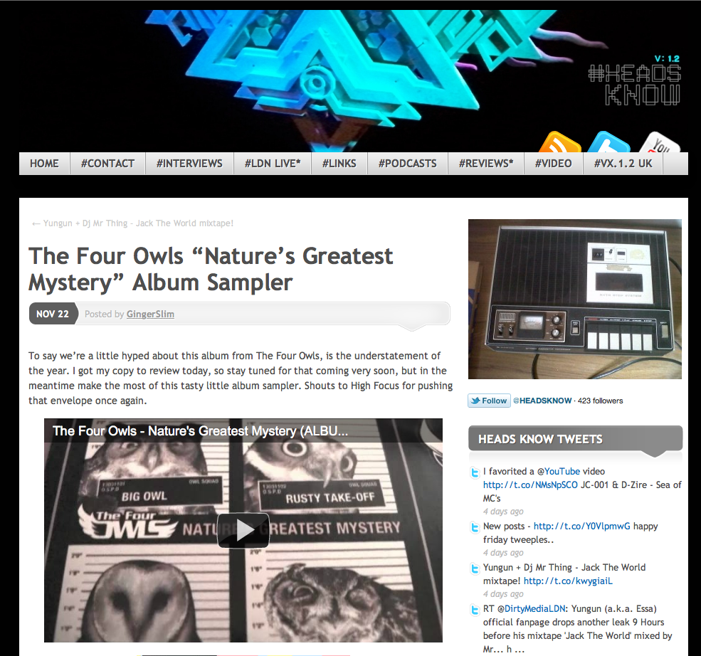 The Four Owls album sampler Featured on Heads Know. - Official Website ...