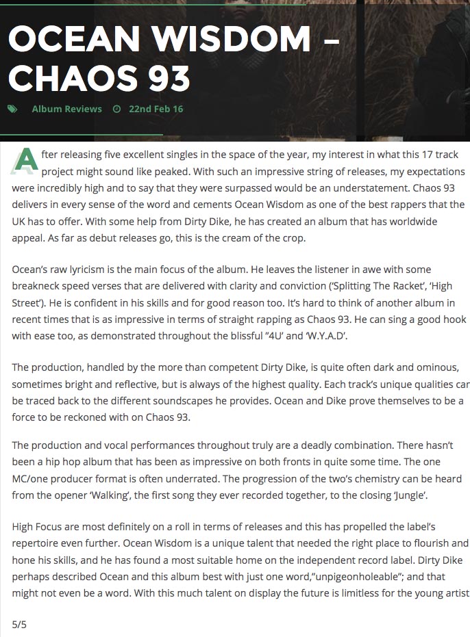 Ocean Wisdom - 'Chaos 93' - WYGTS Album Review - Official Website of ...