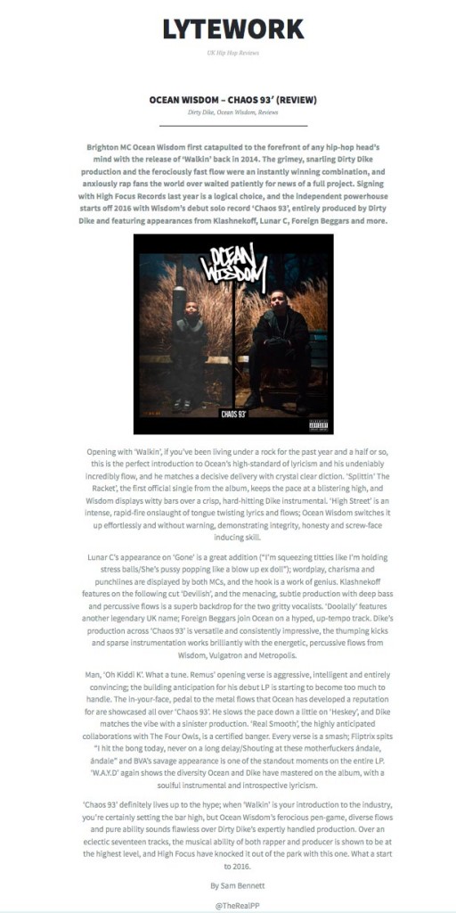 Ocean Wisdom - 'Chaos 93' - Lytework Album Review - Official Website of ...