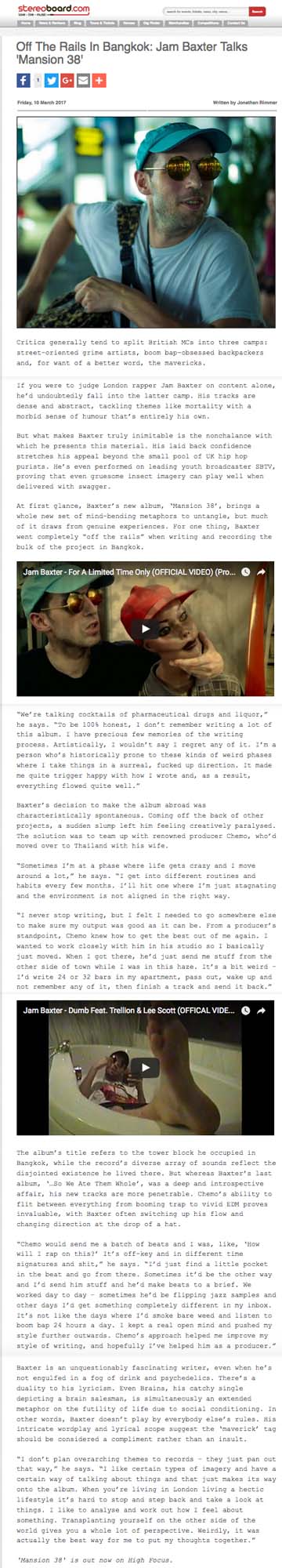 Jam Baxter - 'Mansion 38' - Exclusive Interview With Stereoboard ...